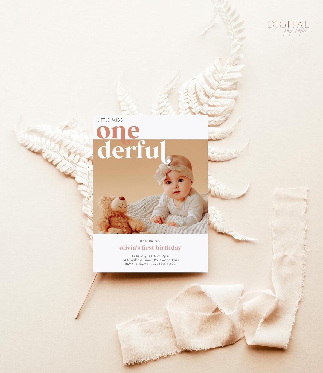 Onederful Birthday Invitation, Modern Minimal Little Miss Wonderful ...