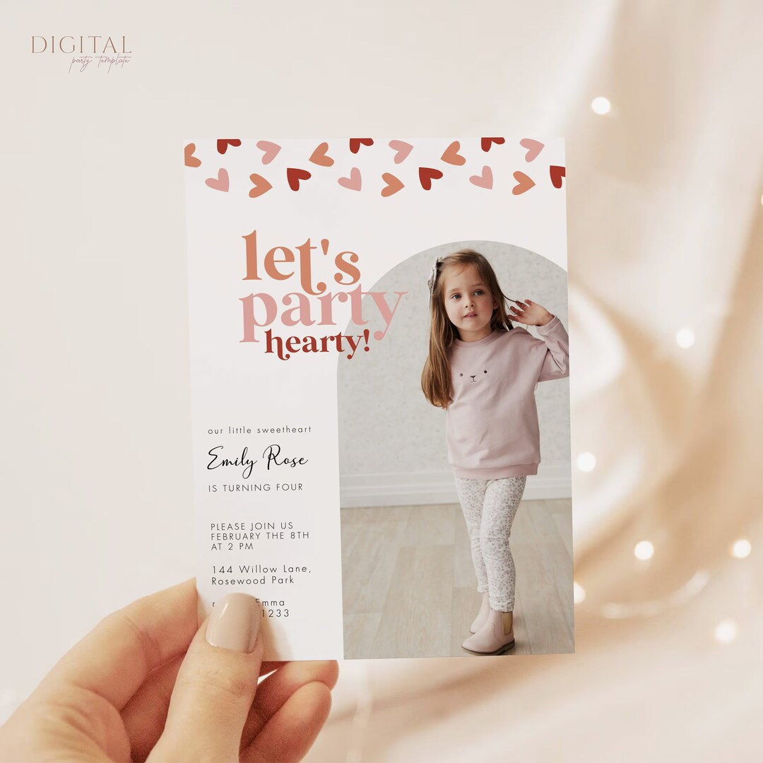 Valentines Birthday Invitation, Modern Pink Boho Sweetheart Let's Party ...