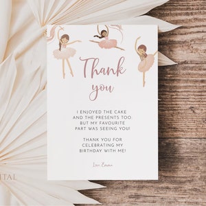 Ballerina Thank You Card, Printable Tutu Cute Ballet Dancer Birthday ...