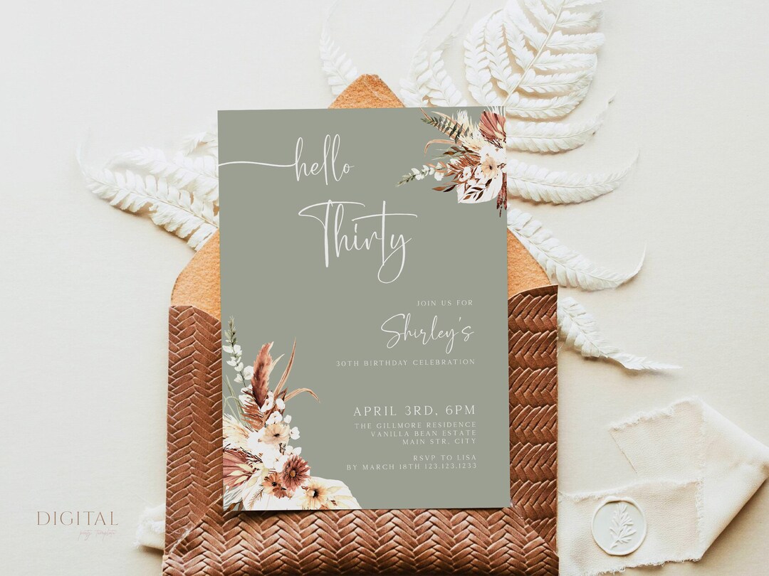 Boho Thirty Birthday Invitation Sage Green and Terracotta Rustic ...