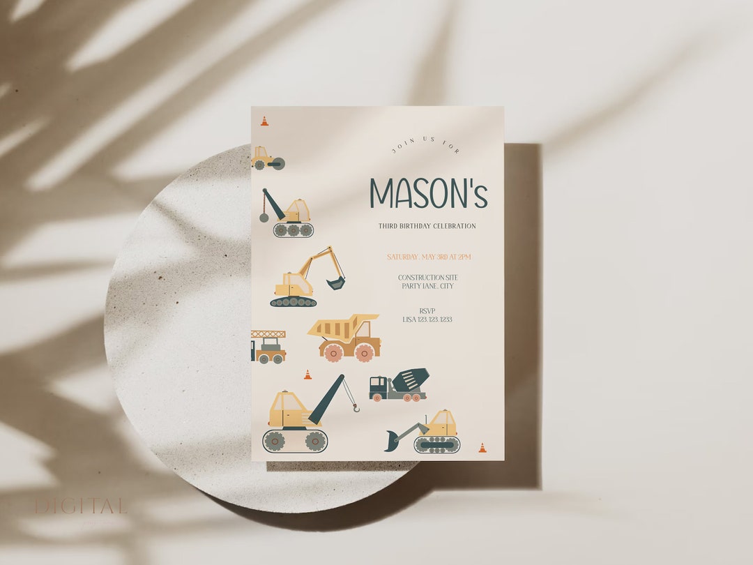 Construction Invitation Modern Muted Tones Construction Birthday Party ...
