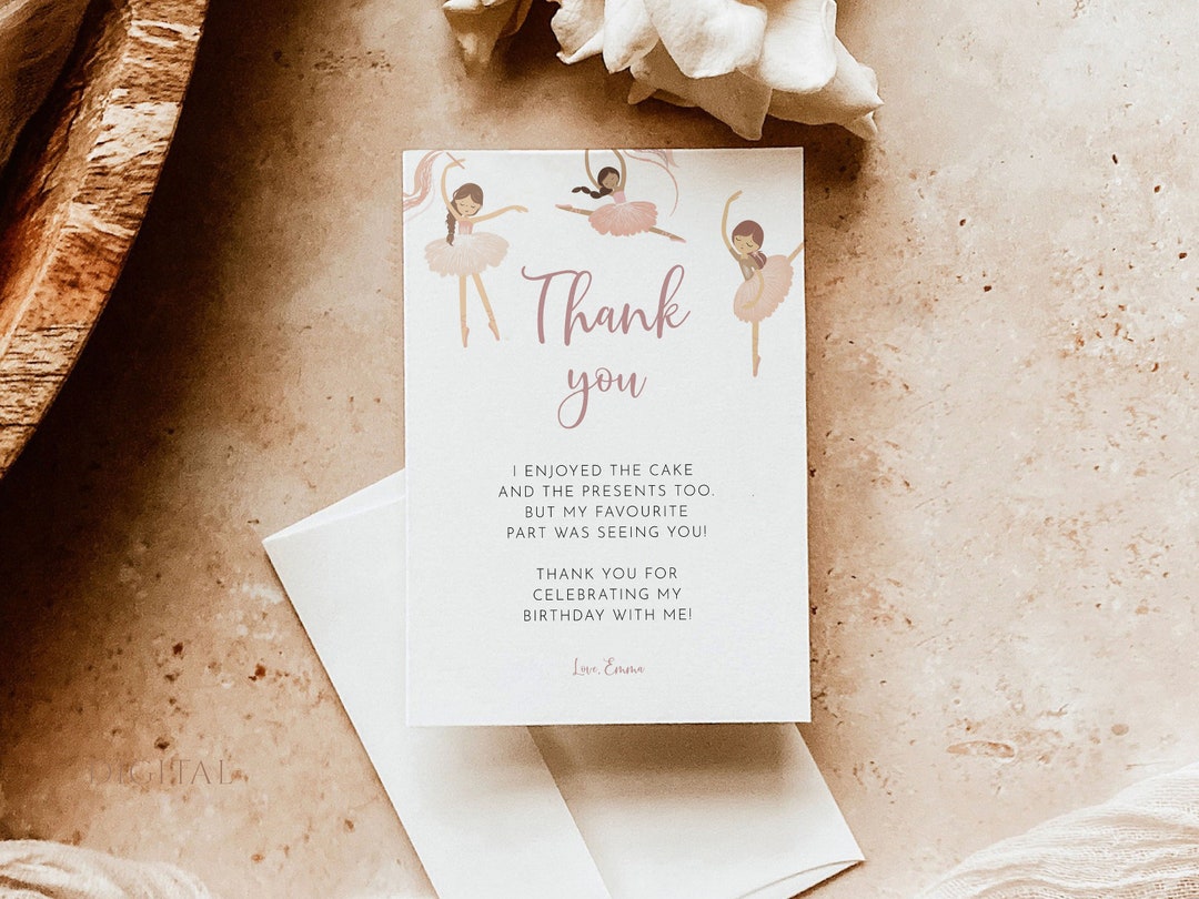 Ballerina Thank You Card, Printable Tutu Cute Ballet Dancer Birthday ...