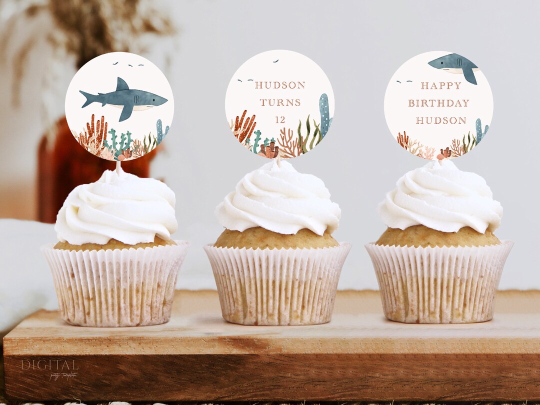 Shark Cupcake Toppers Printable Shark Birthday Party Sticker Editable ...