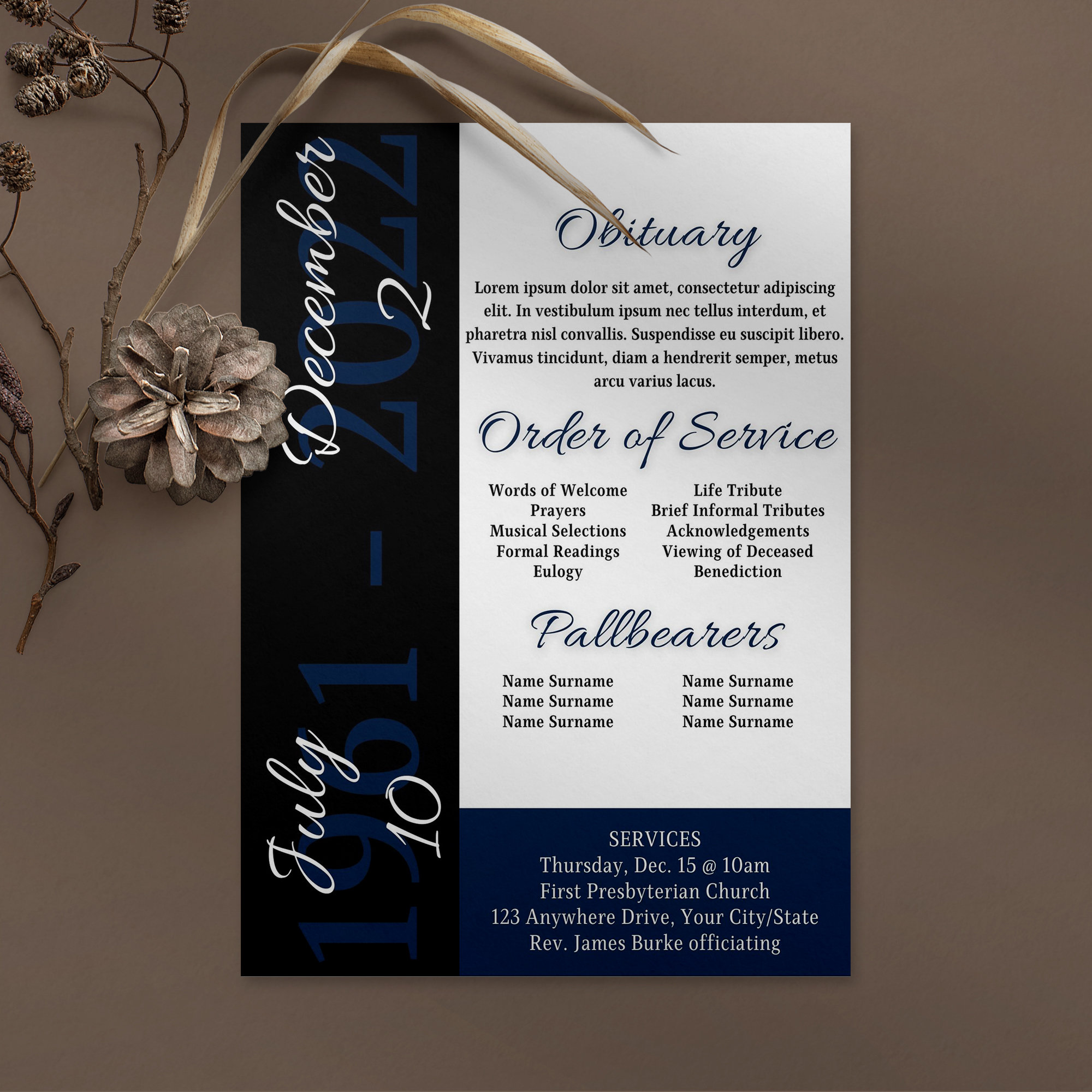 Customizable Memorial Funeral Program Template, Black & Blue Modern ...