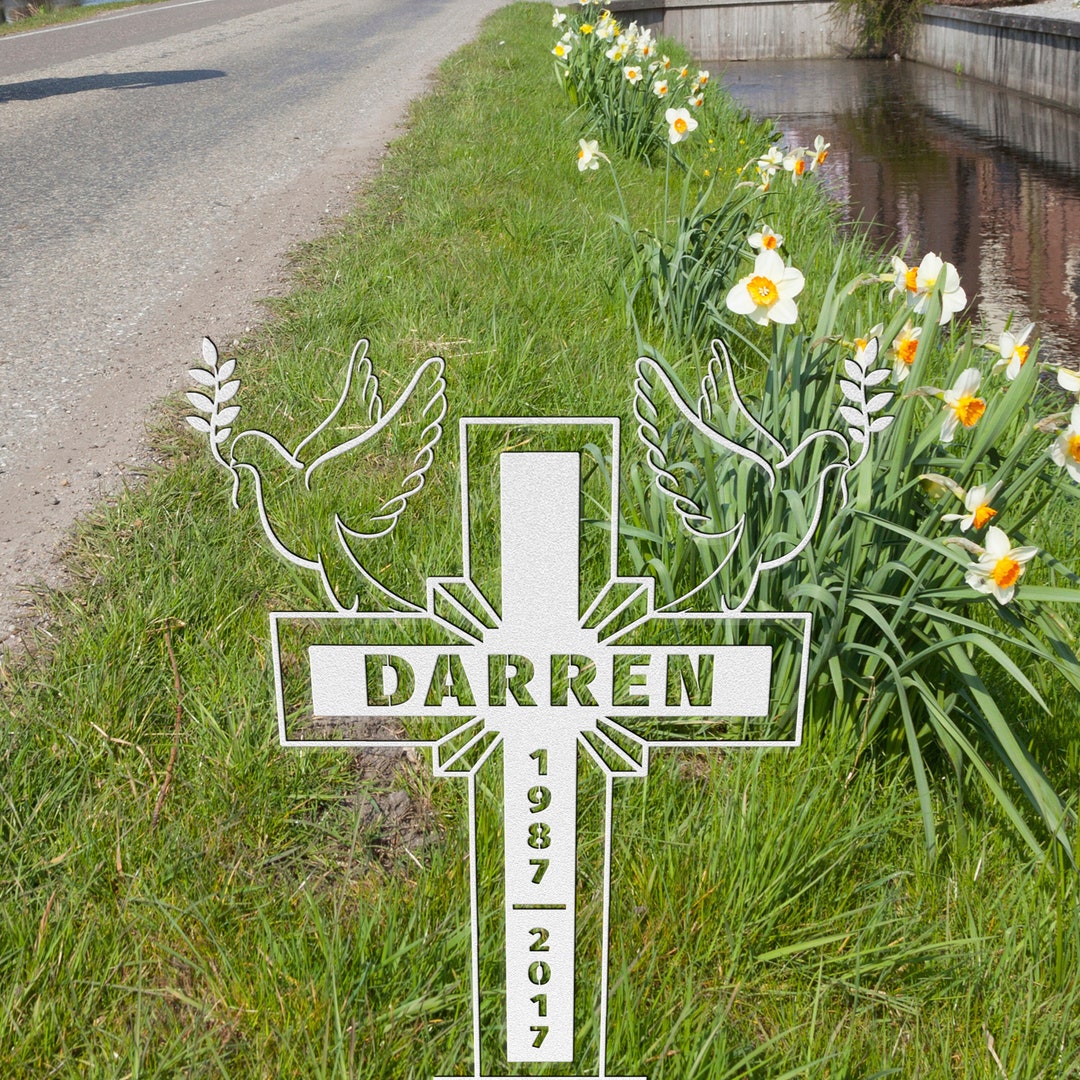 Custom Memorial Cross Roadside & Grave Marker W/ 2 Mourning Doves ...