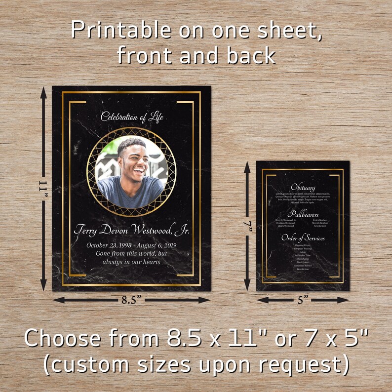 Customizable Funeral Memorial Program Template, Black Marble Background ...