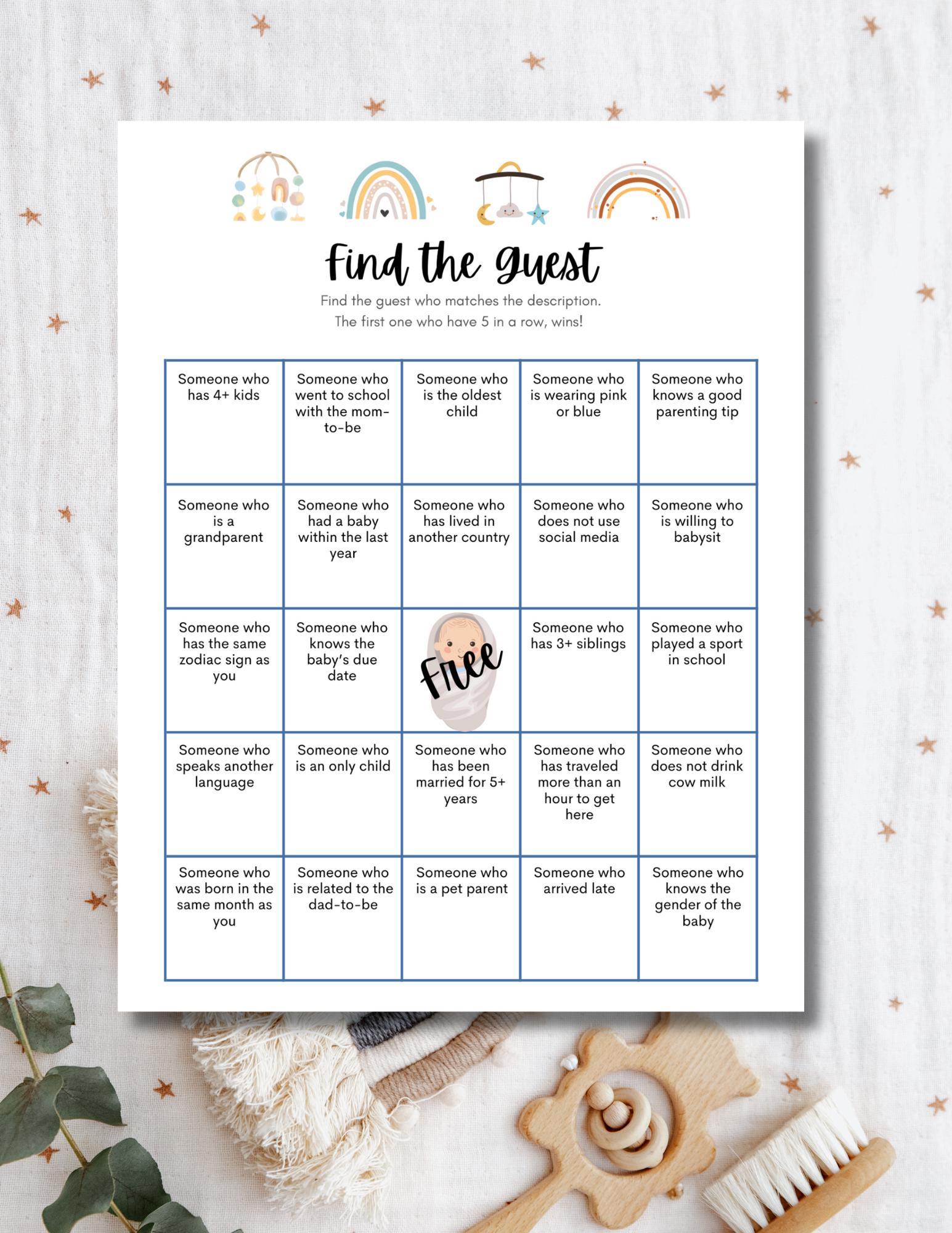 Find the Guest Bingo Baby Shower Game, Printable Baby Shower Game ...