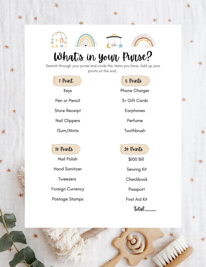 What's in Your Purse Game, Baby Shower Activity, Baby Shower Game ...