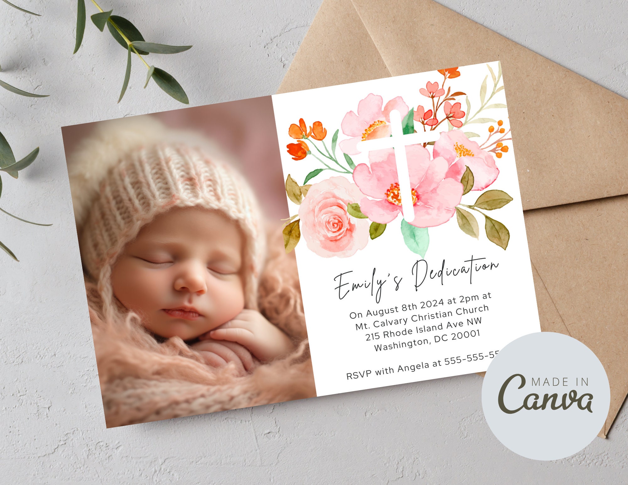Pink Floral Baby Dedication Invitation Template, Minimalist Dedication ...