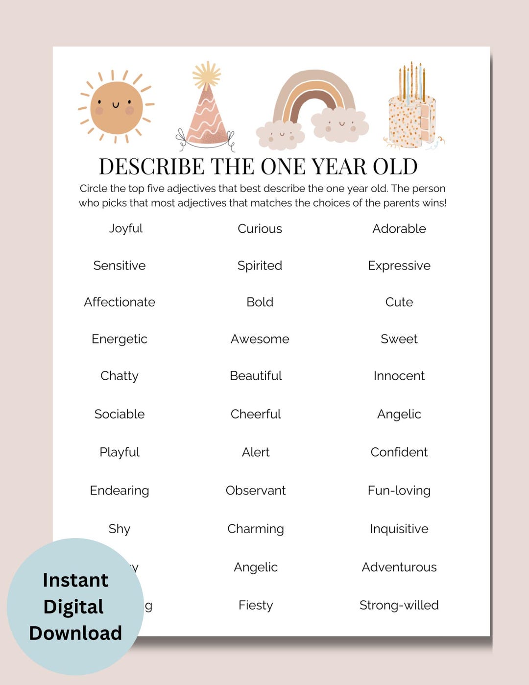 First Birthday Party Game, Printable 1st Birthday Game, Describe the ...