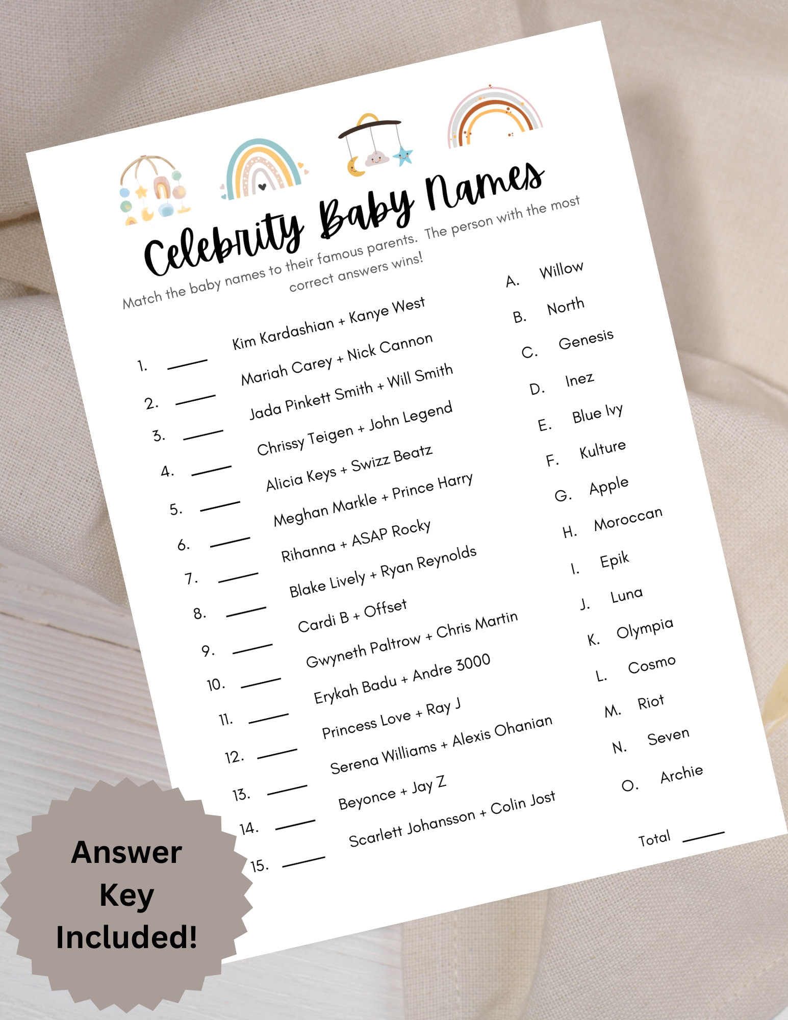 Celebrity Baby Name Match Game, Guessing Game, Baby Shower Game, Gender ...