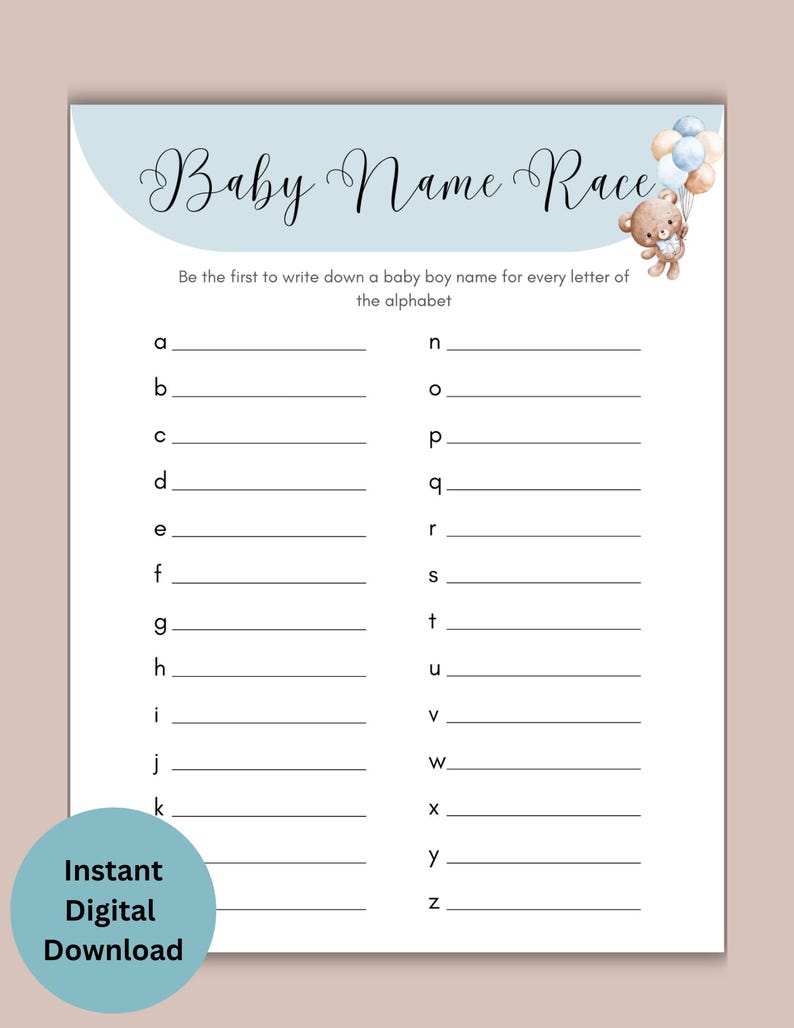 Baby Name Race Game: A-Z Alphabet, Minimalist Baby Shower (PDF Download ...