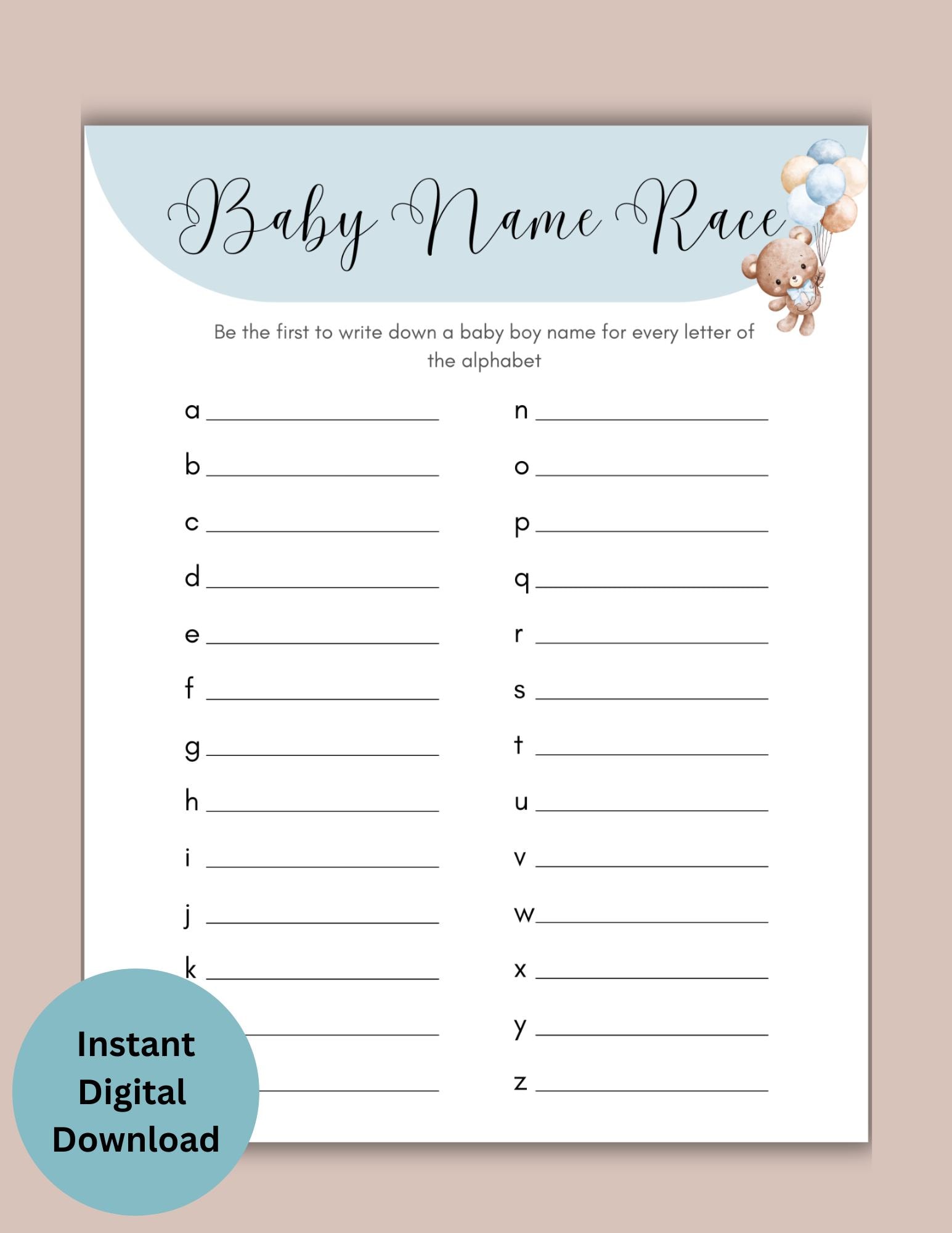 Baby Shower Baby Name Race Game, Alphabet Baby Name Game, Minimalist ...