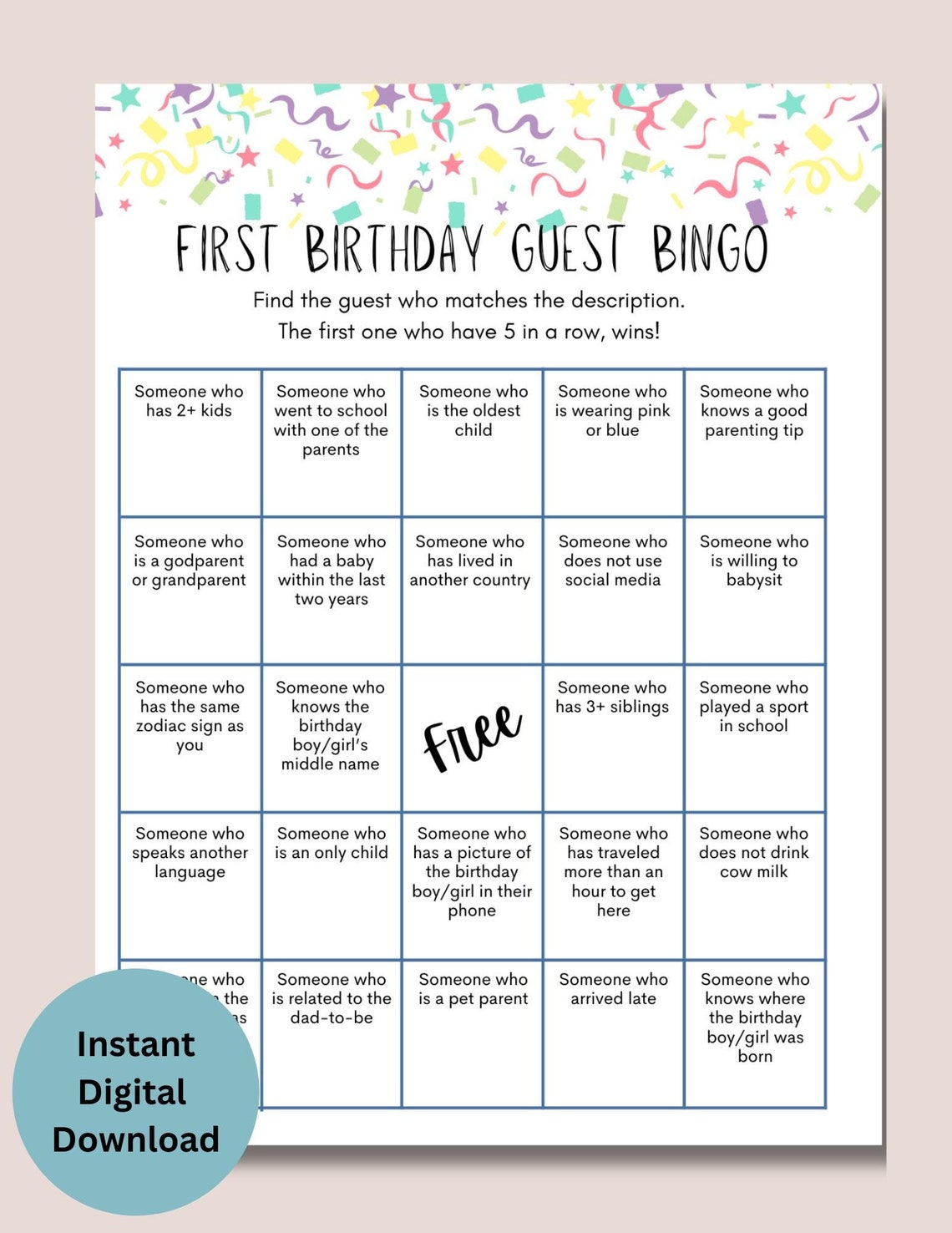 Find the Guest Bingo, Baby's First Birthday Party Game, Printable 1st ...