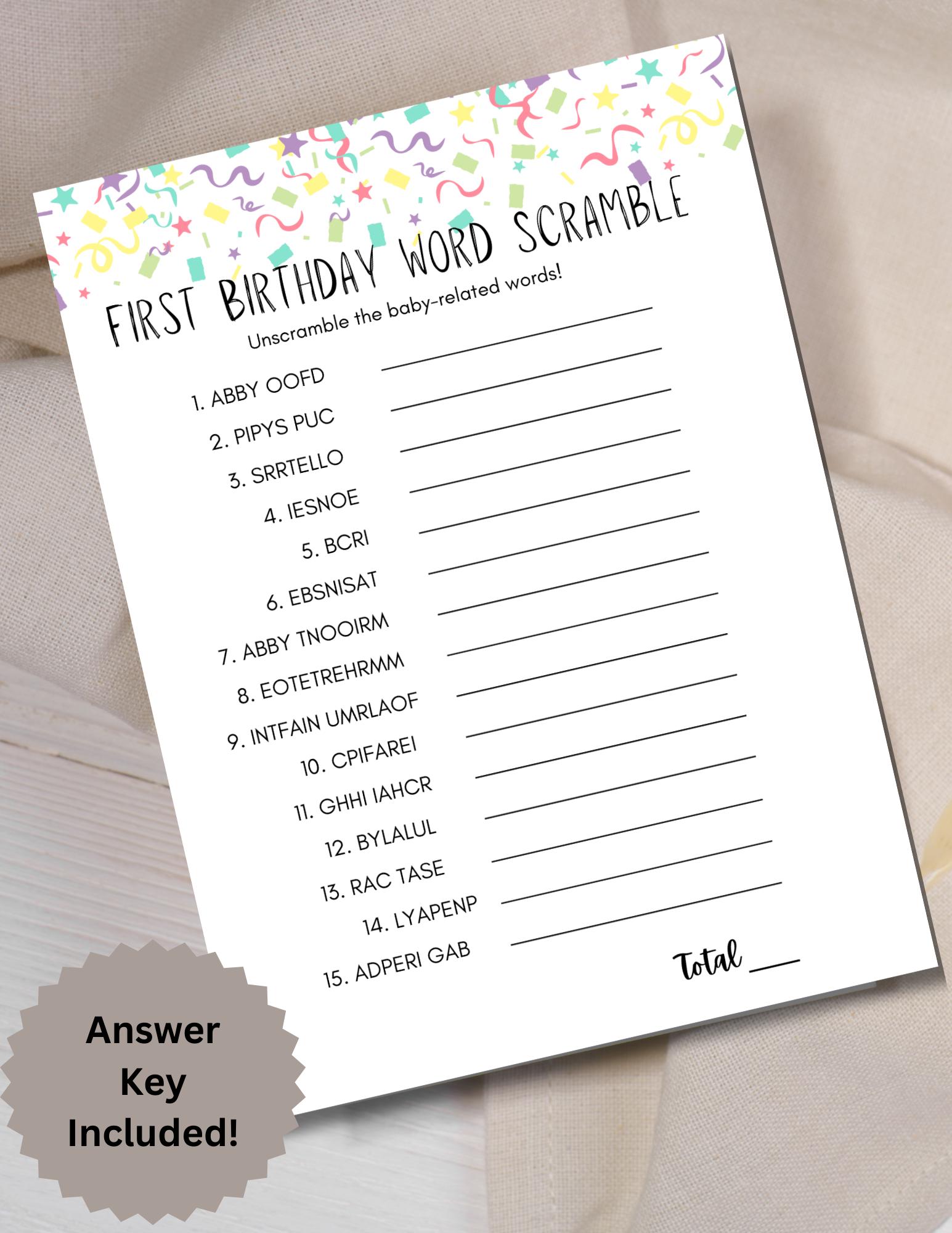 Baby's First Birthday Word Scramble Party Game, Printable 1st Birthday ...