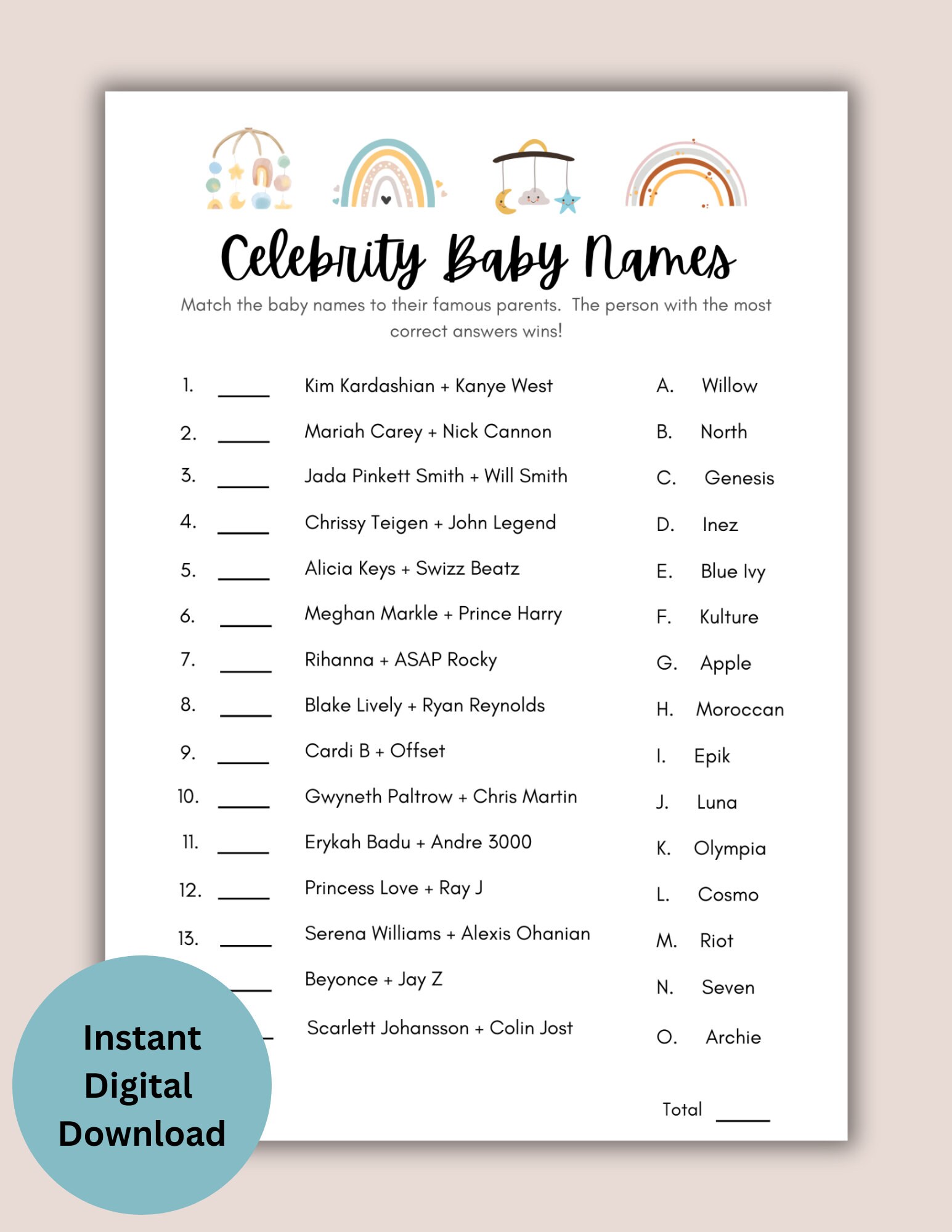 Celebrity Baby Name Match Game, Guessing Game, Baby Shower Game, Gender ...