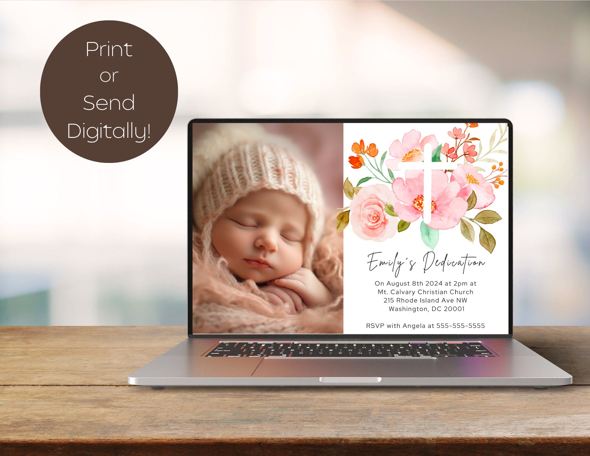 Pink Floral Baby Dedication Invitation Template, Minimalist Dedication ...