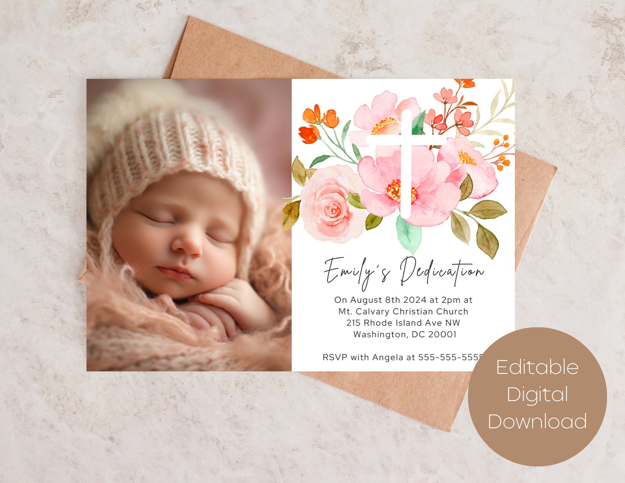 Pink Floral Baby Dedication Invitation Template, Minimalist Dedication ...