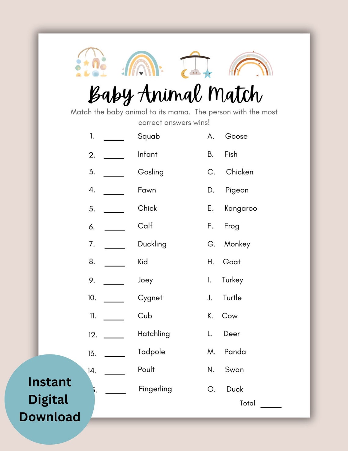 Baby Animal Match Game, Guessing Game, Baby Shower Game, Gender Neutral ...