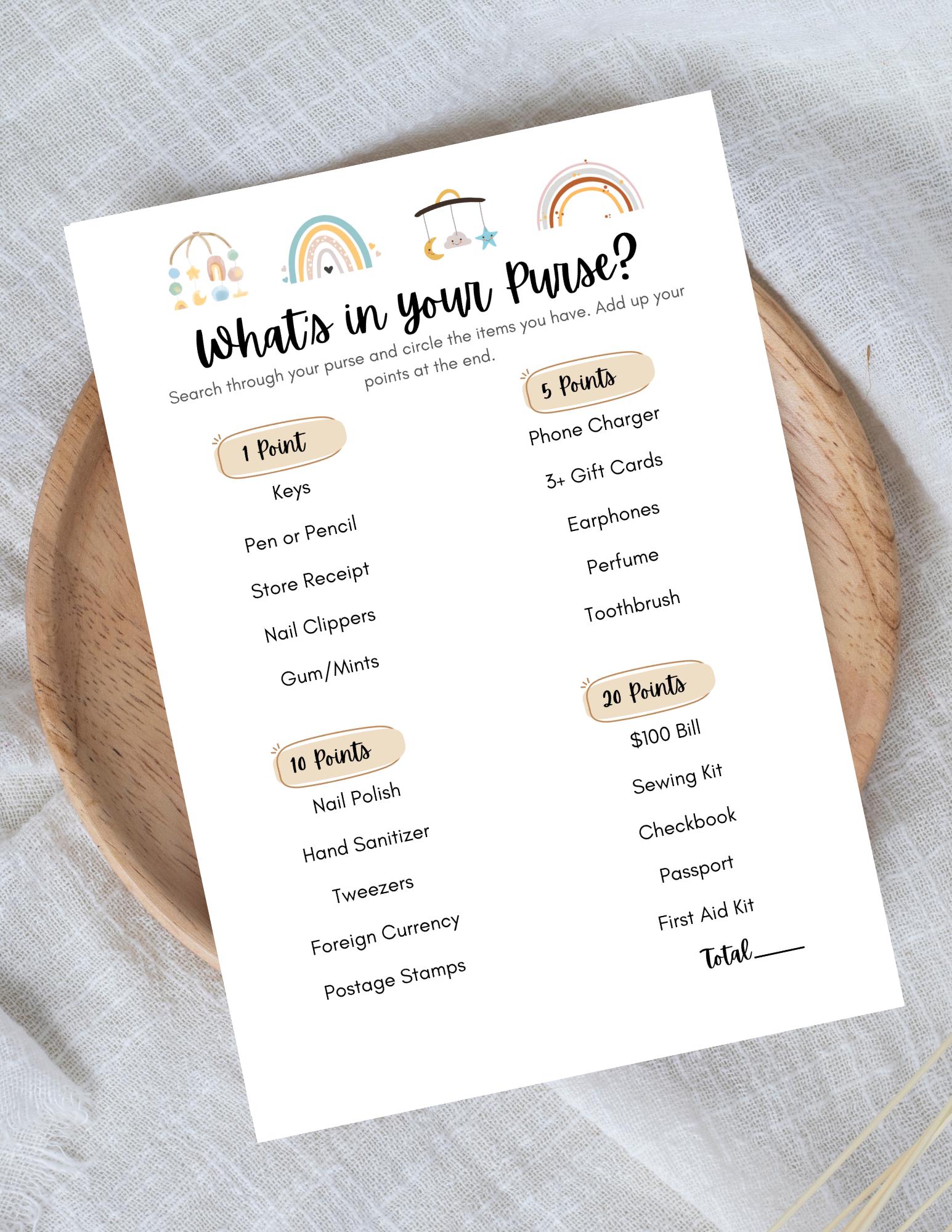 What's in Your Purse Game, Baby Shower Activity, Baby Shower Game ...