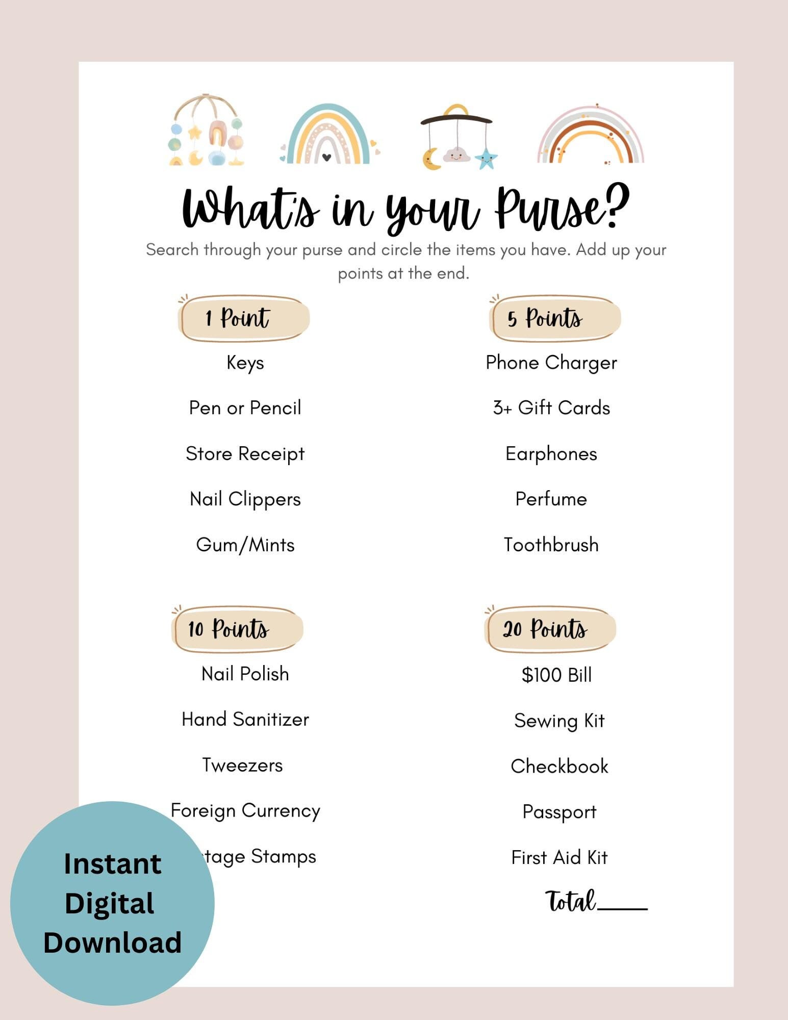 What's in Your Purse Game, Baby Shower Activity, Baby Shower Game ...