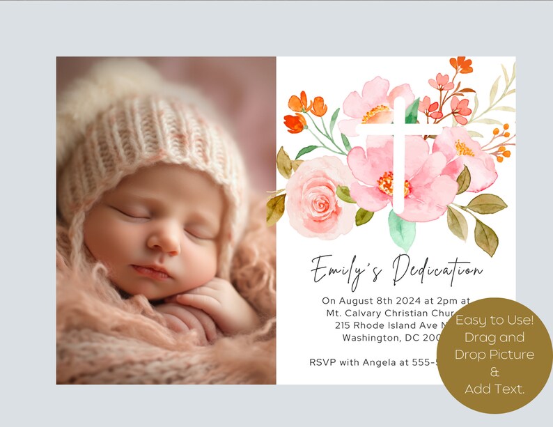 Pink Floral Baby Dedication Invitation Template, Minimalist Dedication ...