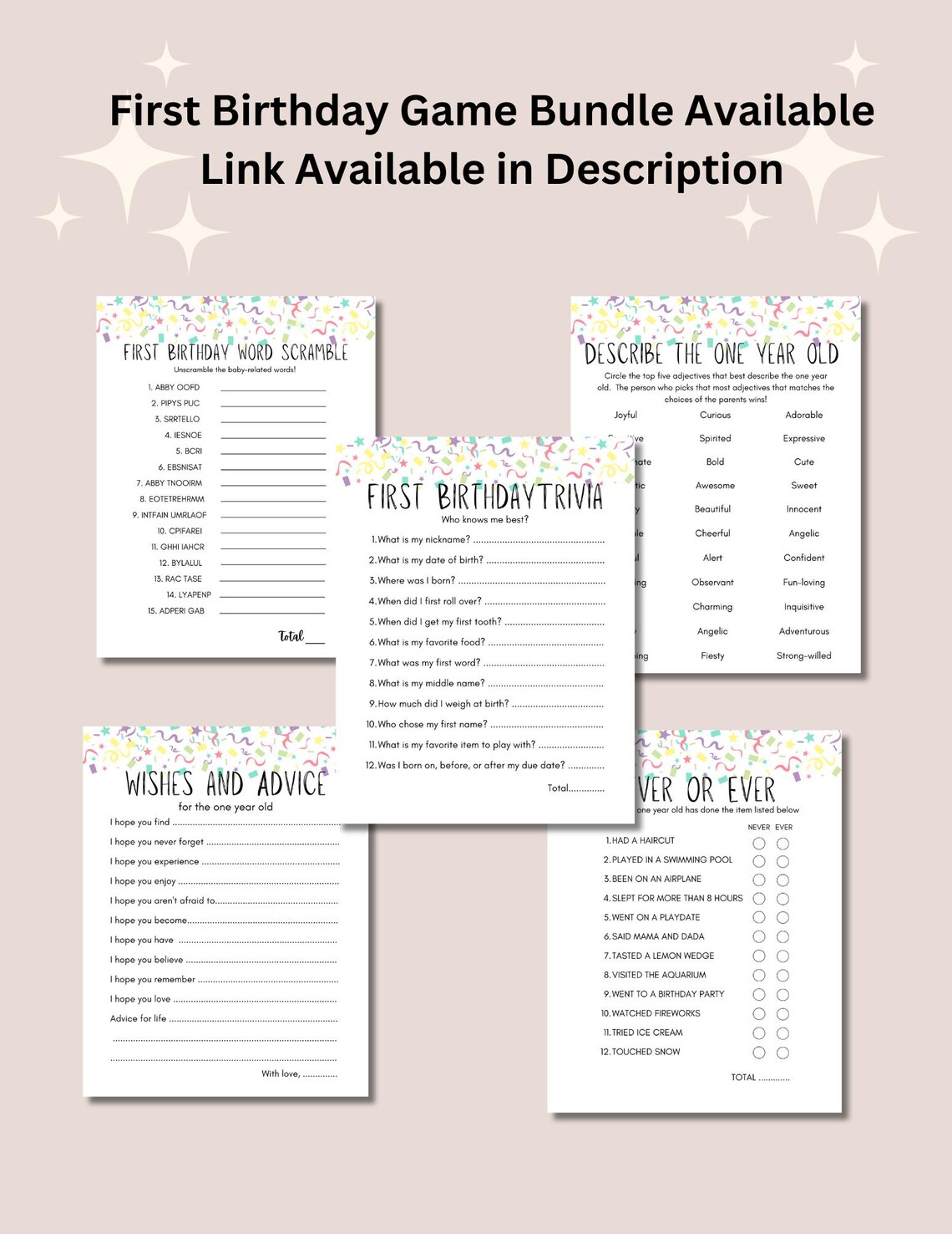 Baby's First Birthday Party Game, Printable 1st Birthday Game, Never ...