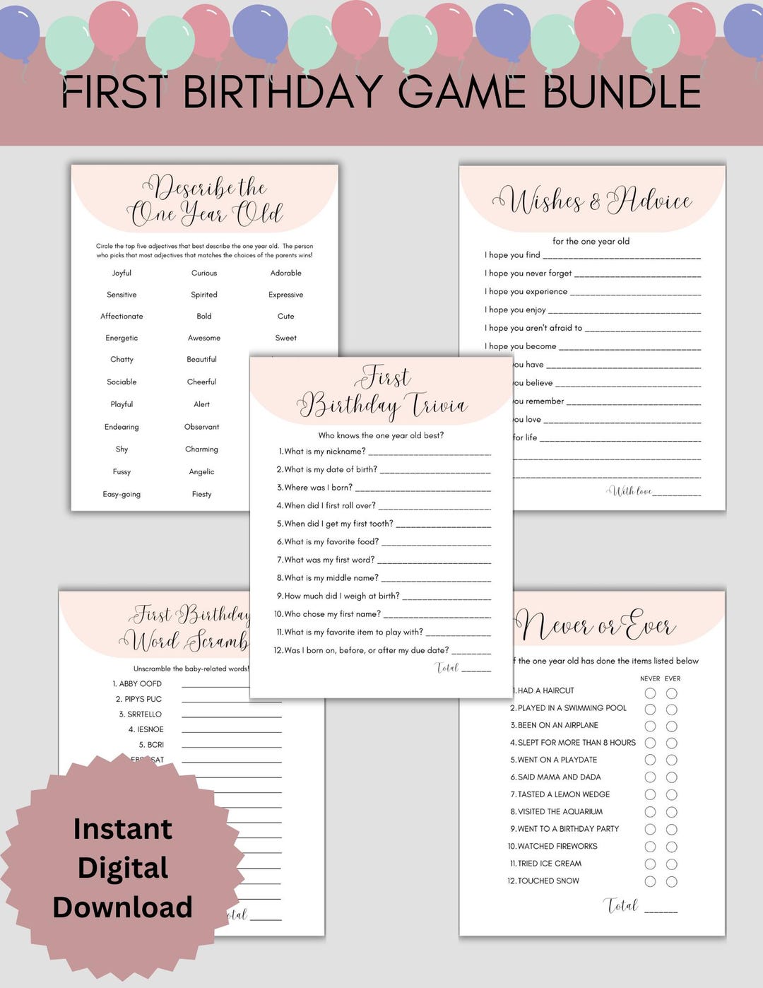 First Birthday Party Game Bundle, Printable 1st Birthday Game, How Well ...