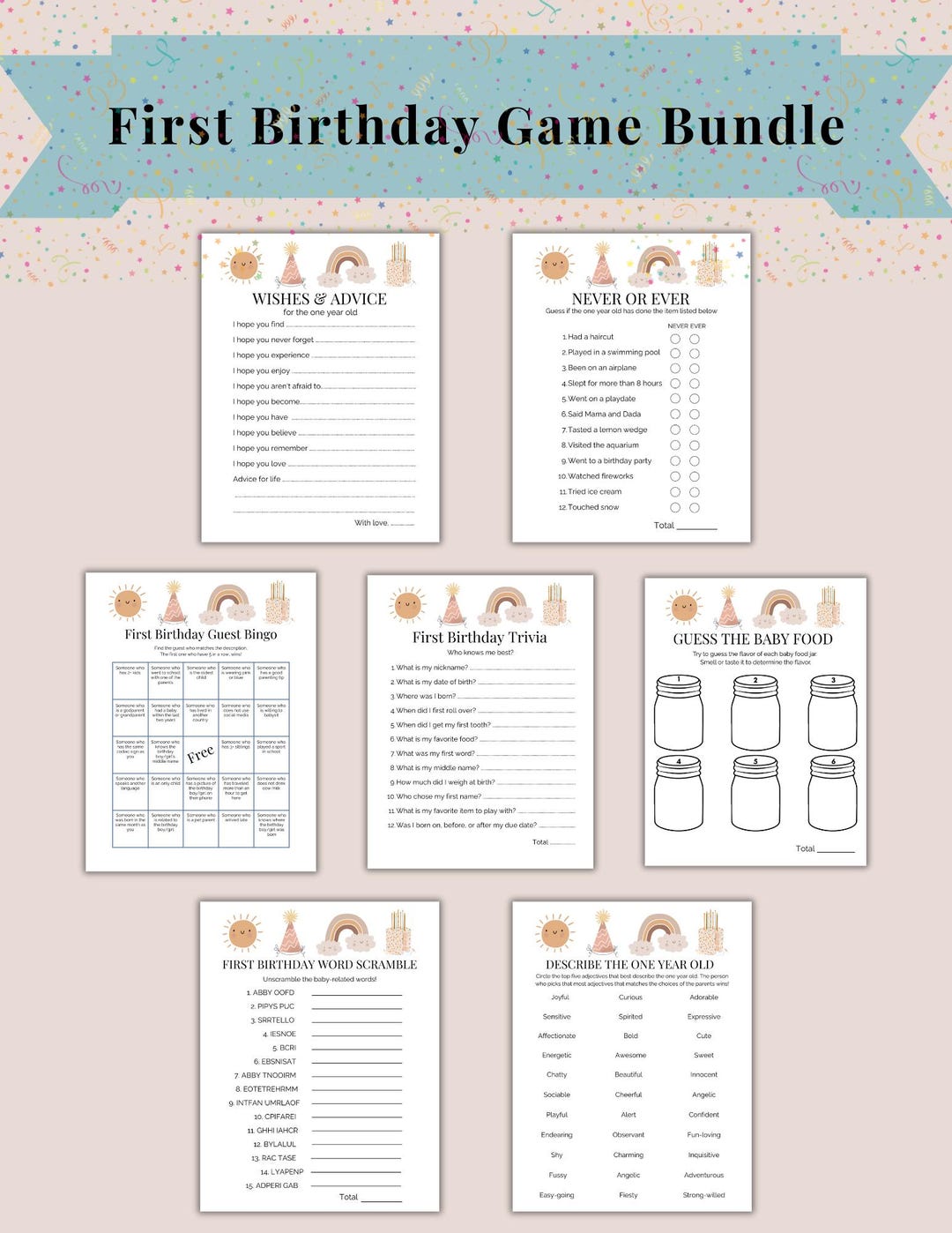 First Birthday Games Bundle | Printable & Digital Party Games | Instant ...