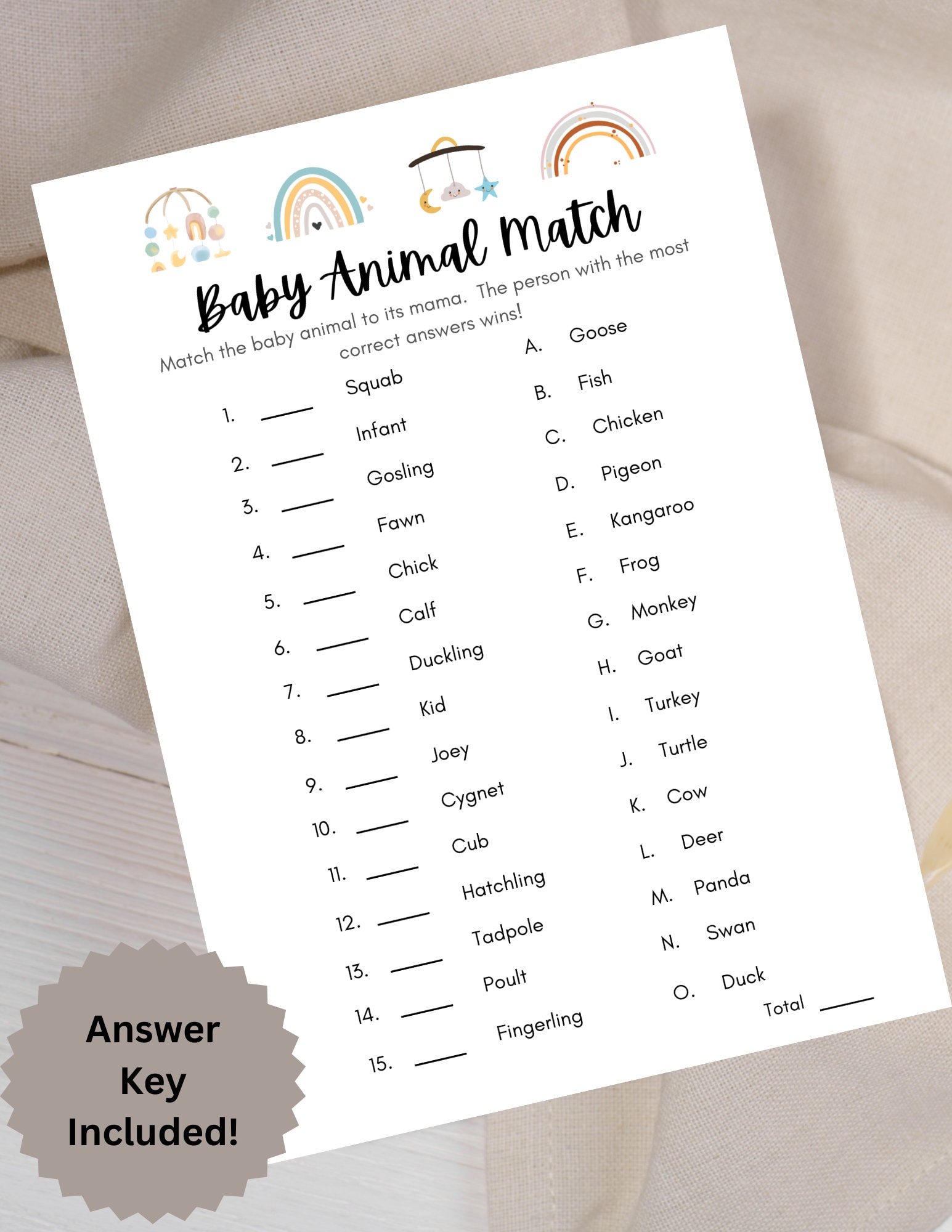 Baby Animal Match Game, Guessing Game, Baby Shower Game, Gender Neutral ...