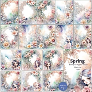 Spring digital paper pack,Spring Blooms,Digital Paper with Cute Girls ...