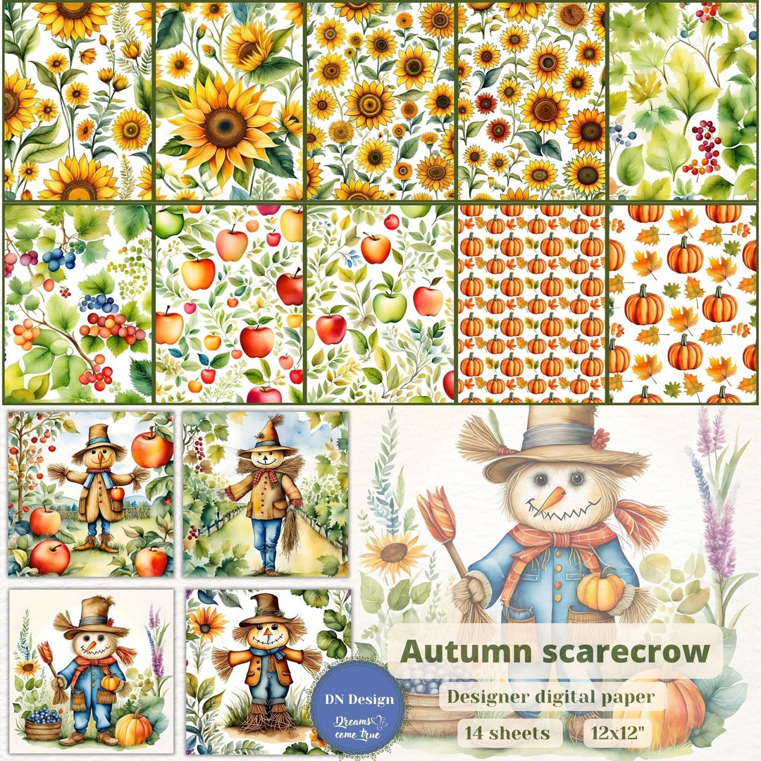 Autumn Scarecrow Digital Paper Pack! Sunflowers, Apples, Grapes, and ...