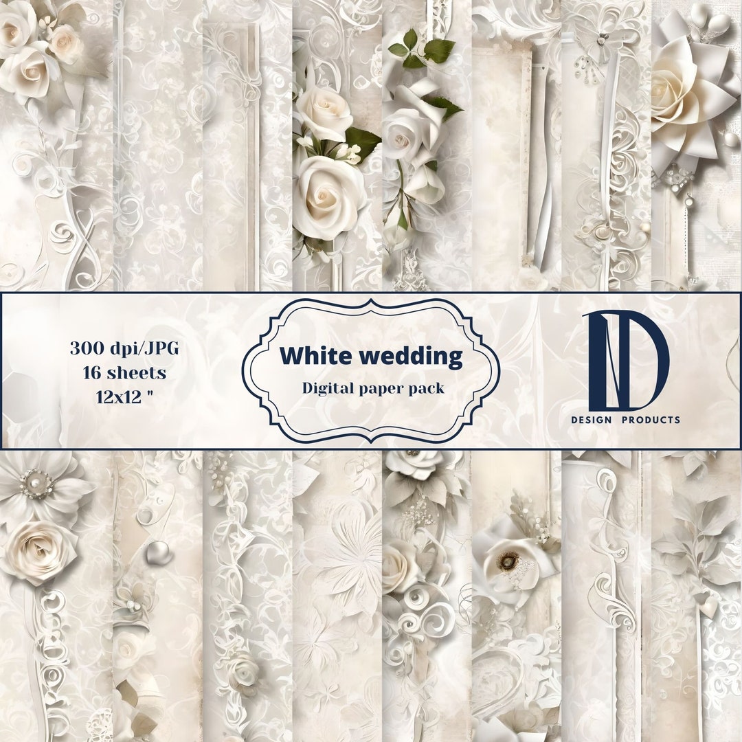 White Wedding Digital Paper Pack: Floral Lace, Scrapbooking (12x12, JPG ...
