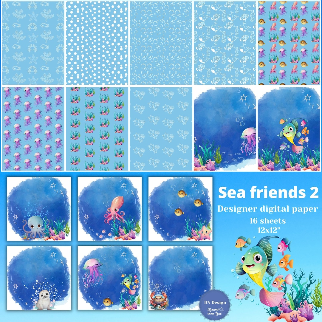 Sea Digital Paper Pack,sea Friends 2,sea Elements,cute Sea Animals,blue ...