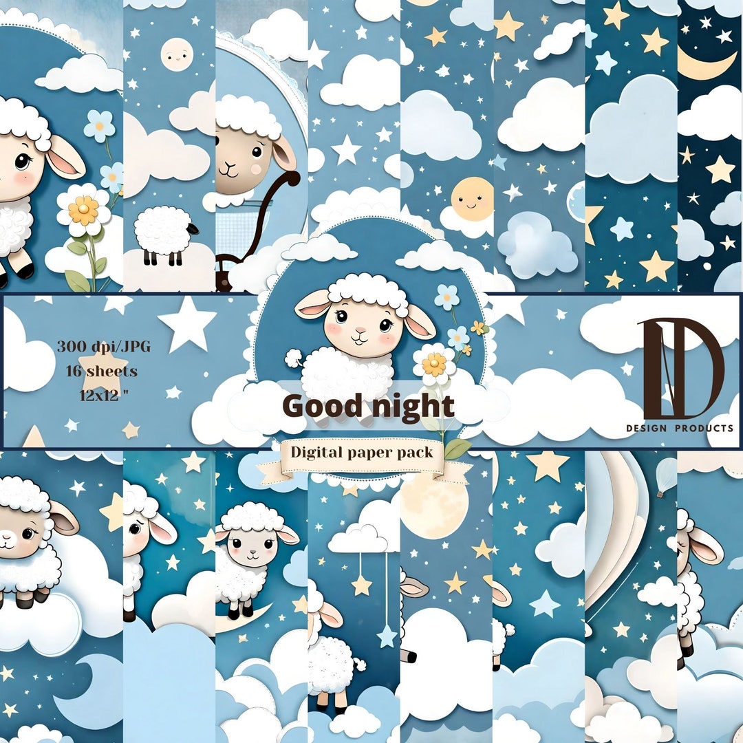 Good Night Digital Paper Pack,cute Kids Background, Lamb, Moon, Stars ...