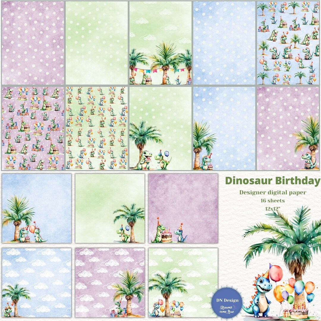 Dinosaur Birthday Digital Paper Pack: Pastel Scrapbook Papers (digital ...