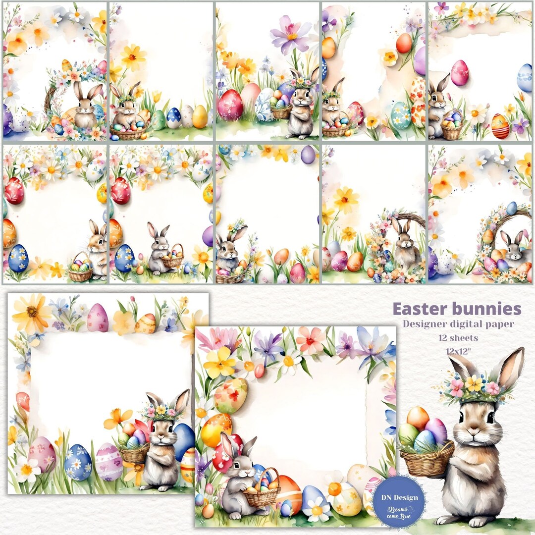 Easter Bunnies Digital Paper Pack: Floral Egg Baskets (12x12, Digital ...