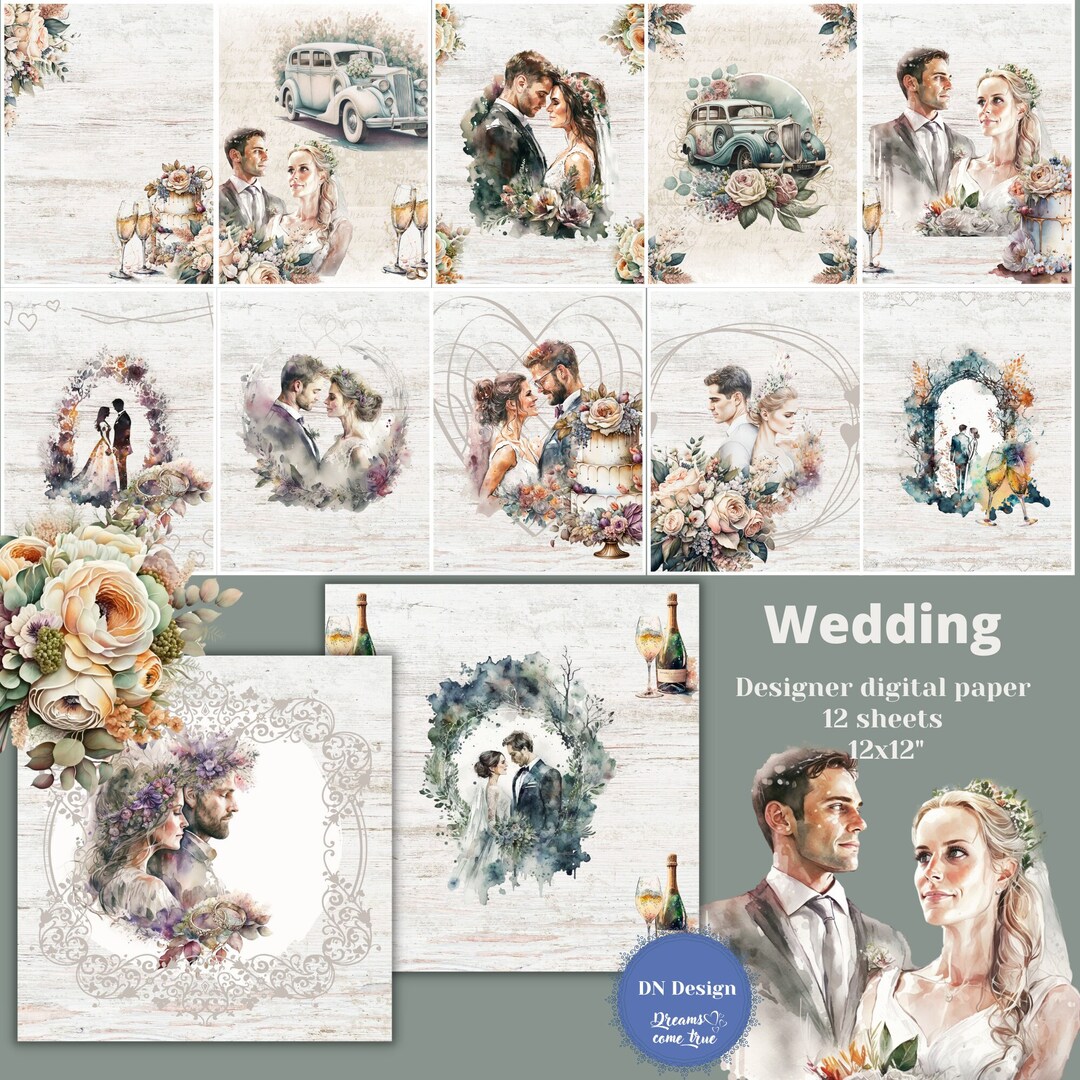 Wedding Scrapbook Paper: Watercolor Newlyweds, Floral Illustrations ...
