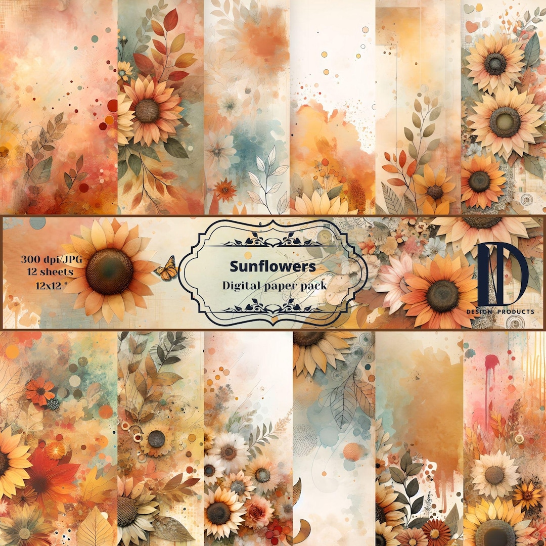 Sunflowers Digital Paper Pack,sunflowers Watercolor Designs ...