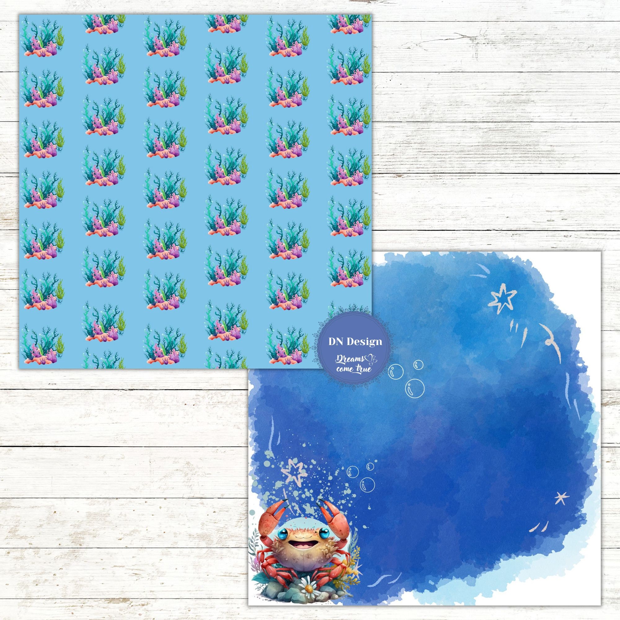 Sea Digital Paper Pack,sea Friends 2,sea Elements,cute Sea Animals,blue ...