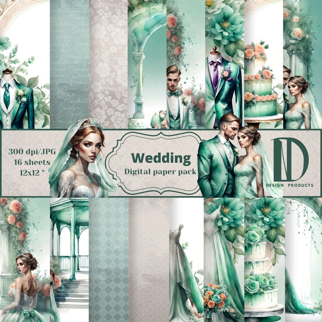 Mint Wedding Digital Paper Pack: Scrapbook Illustrations (digital ...