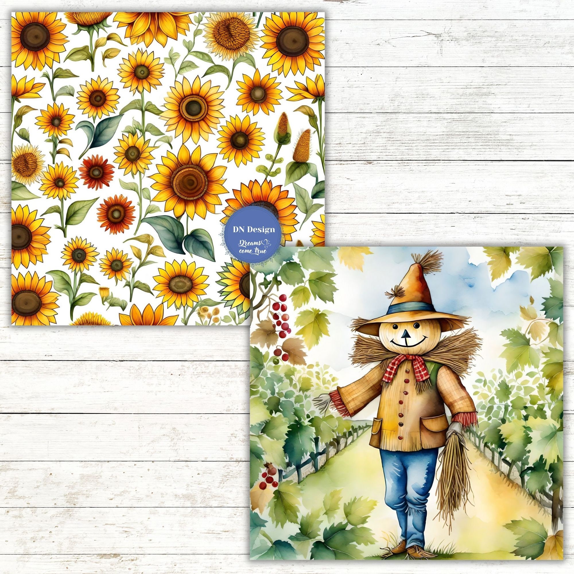 Autumn Scarecrow Digital Paper Pack! Sunflowers, Apples, Grapes, and ...