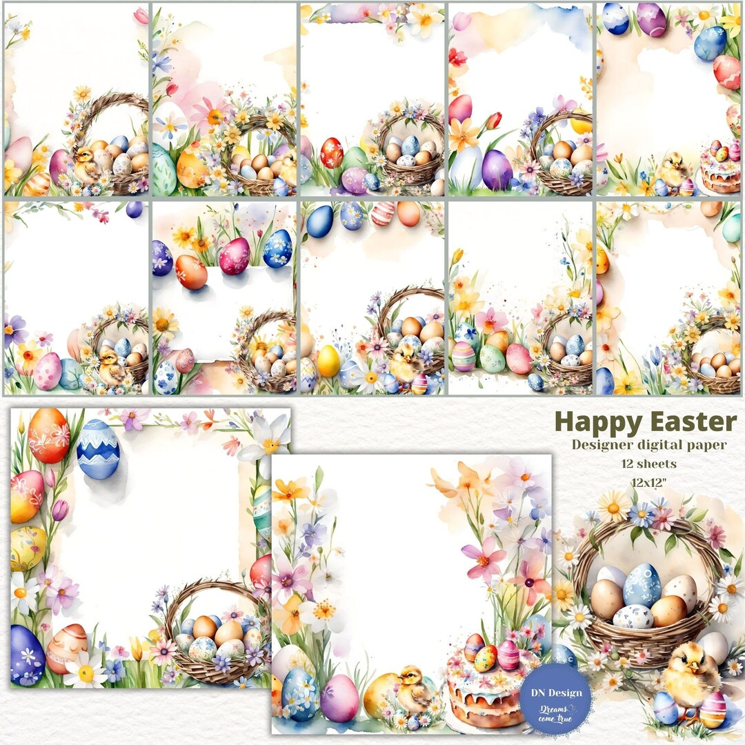 Happy Easter Digital Paper Pack, Cute Little Yellow Chicks,easter Egg ...