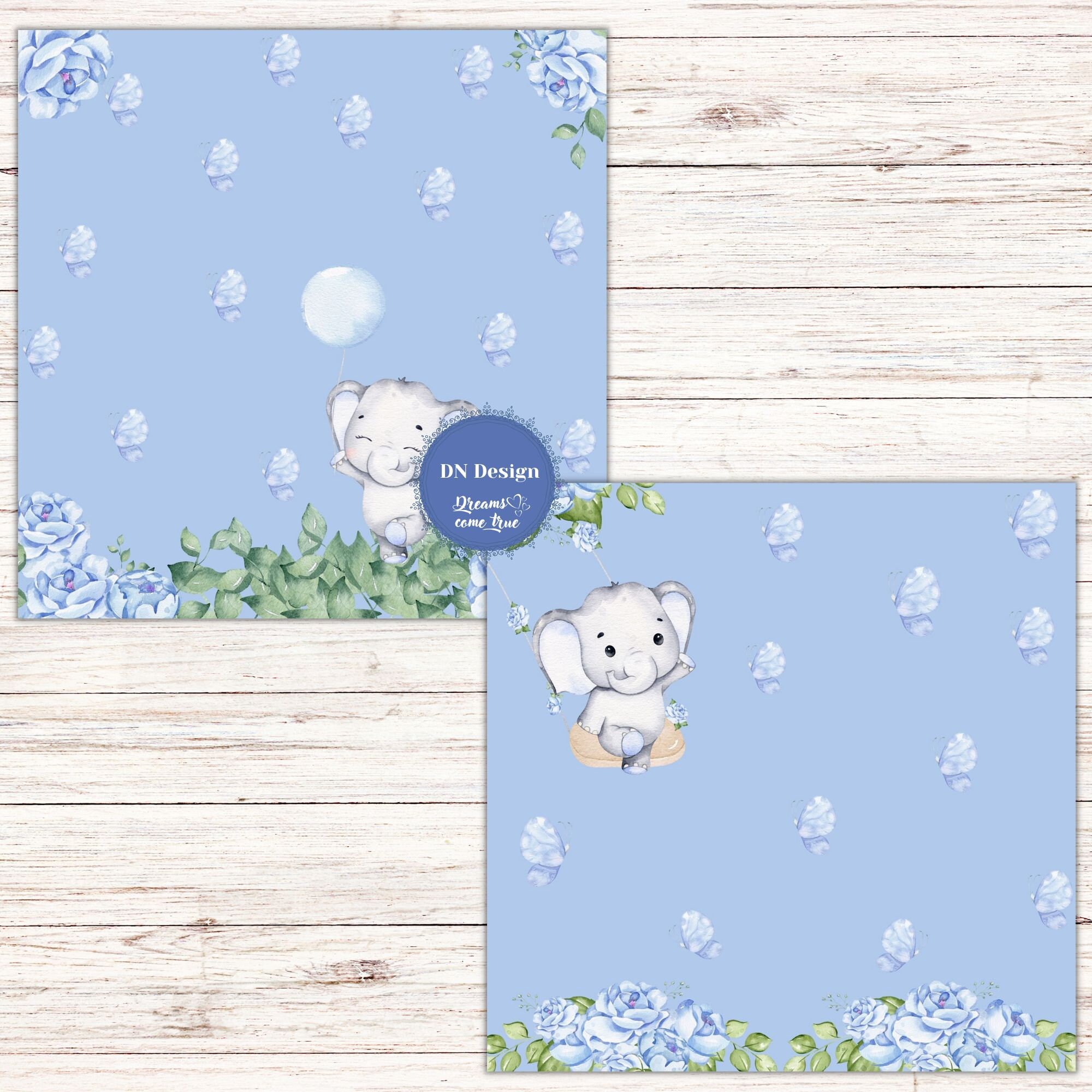 Digital Paper Pack,baby Boy,cute Baby Elephant,printable Paper,blue Sky ...