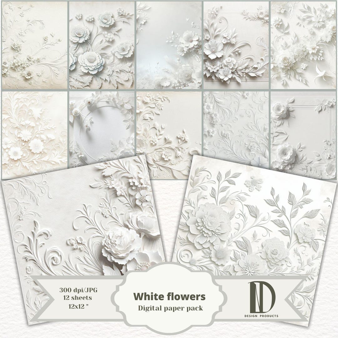 White Flower Digital Paper Pack, Floral Digital Paper, White ...