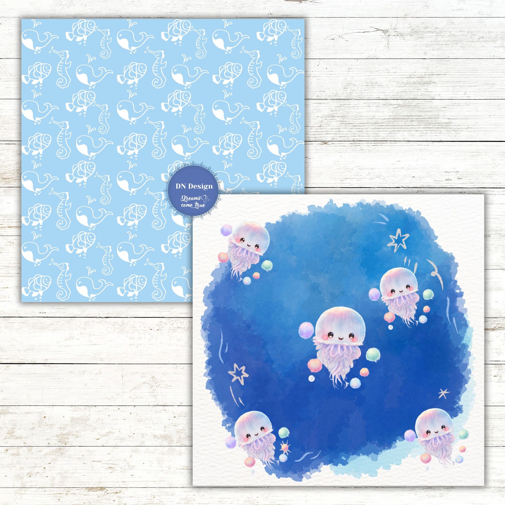 Sea Digital Paper Pack,sea Friends 1,sea Elements,cute Sea Animals,blue ...