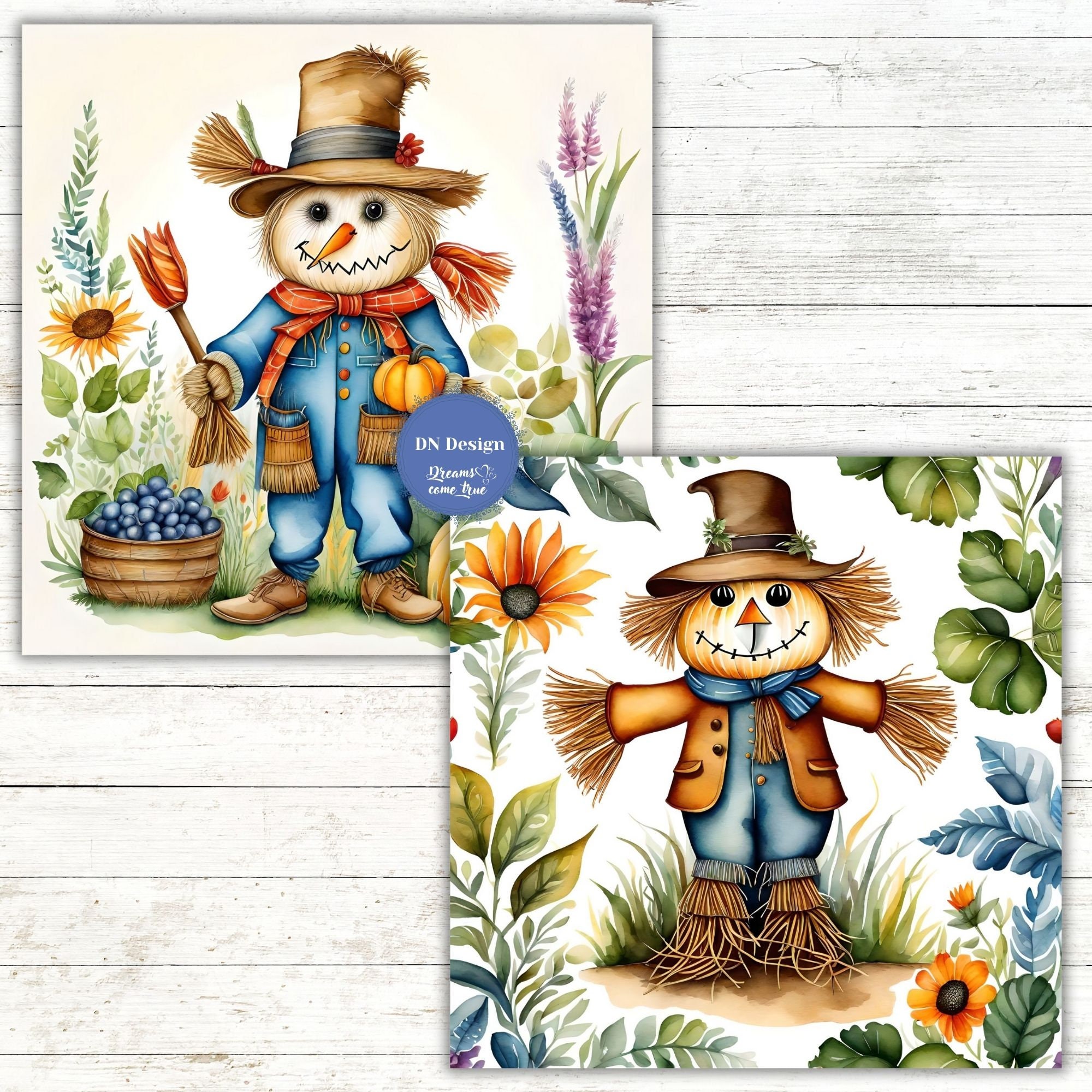Autumn Scarecrow Digital Paper Pack! Sunflowers, Apples, Grapes, and ...