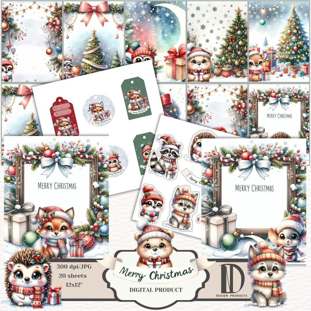 Merry Christmas Digital Paper Pack, Holiday Animals, Labels (digital ...