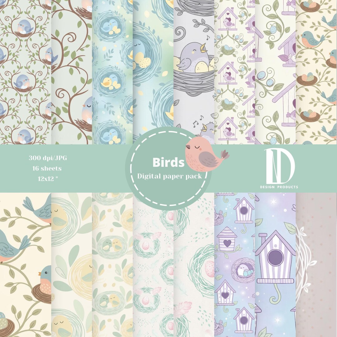 Birds Digital Paper Pack 12x12" 16 JPG 300 DPI Printable Scrapbook ...