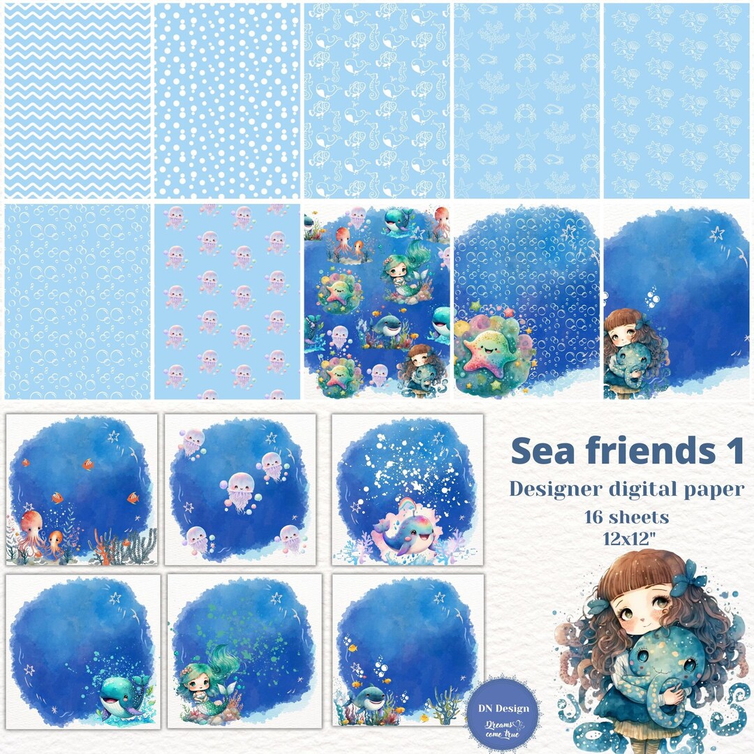 Sea Digital Paper Pack,sea Friends 1,sea Elements,cute Sea Animals,blue ...
